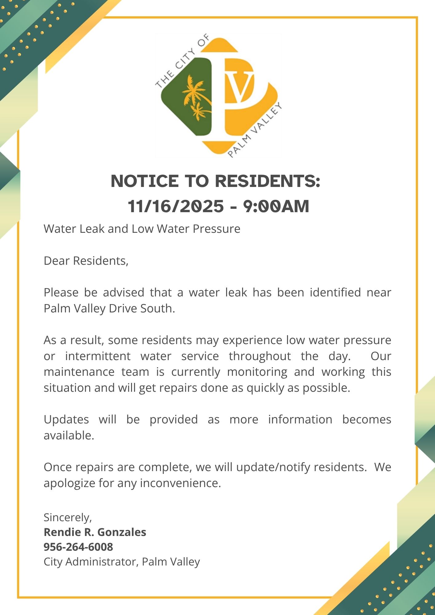 Notice to Residents - 11/16/2025 | Palm Valley TX